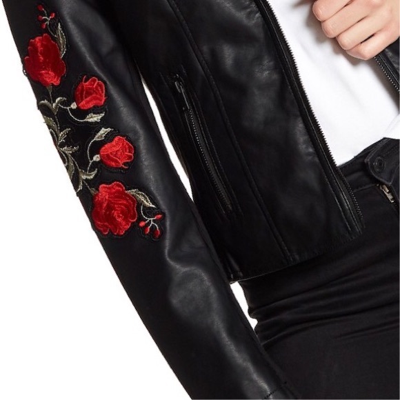 SOTM | Jackets & Coats | Rose Embroidery Vegan Leather Moto Jacket ...